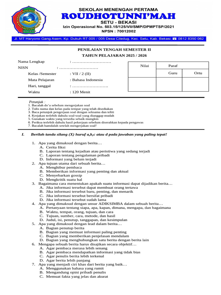 Soal Asts Genap B.indo Kelas 7 Pesantren | PDF