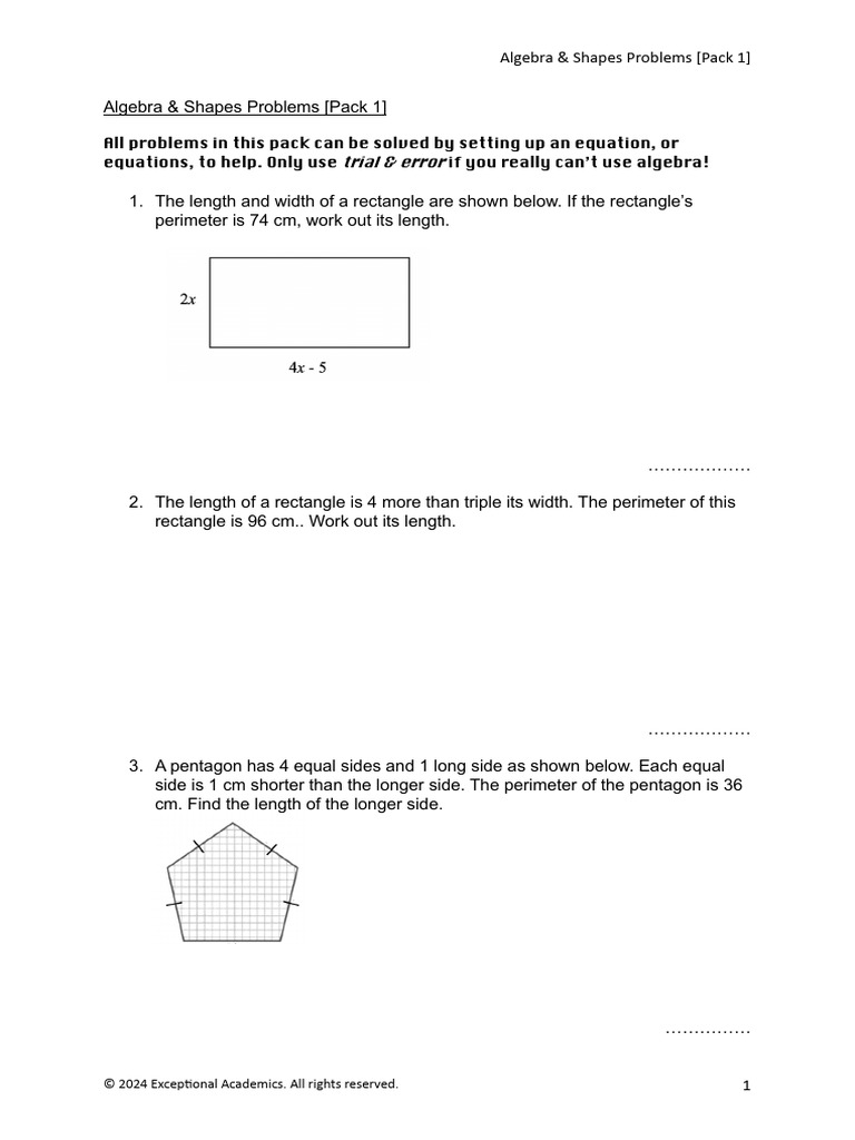 Algebra & Shapes Problems (Pack 1) | PDF | Area | Rectangle