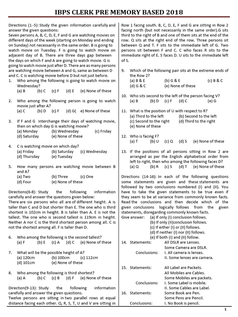 IBPS Clerk Pre 2018 Memory-Based Questions | PDF | Alphabet | English ...