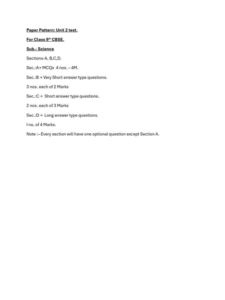 Paper Pattern Class 9th CBSE Unit 2 Test (1) | PDF