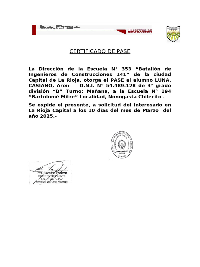 CERTIFICADO DE PASE Luna, Casiano | PDF