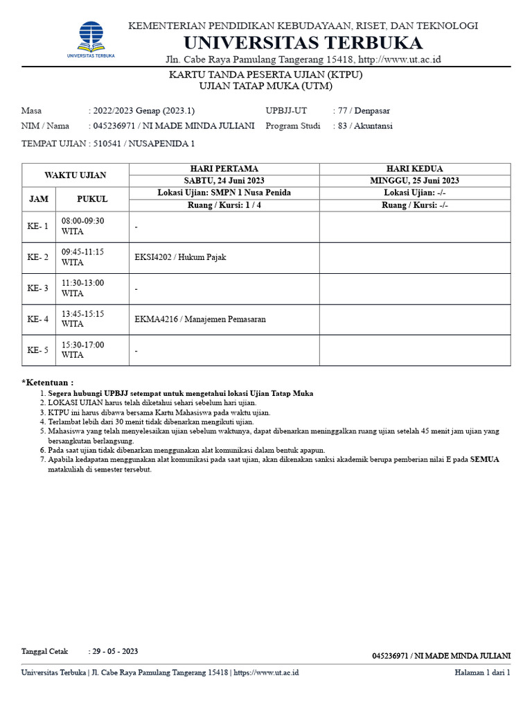 Kartu Ujian Minda | PDF