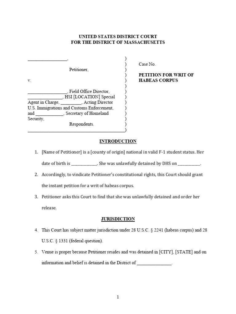 Template F1 Student Habeas Petition | PDF | Habeas Corpus | U.S ...