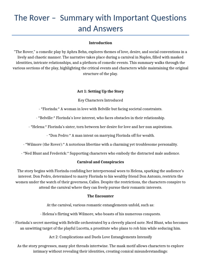 The Rover: Summary and Key Insights | PDF