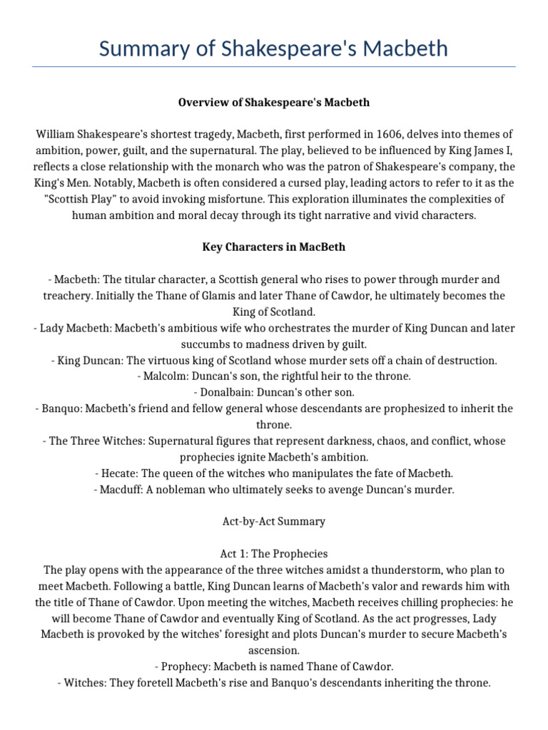 Macbeth_Summary_and_Important_Questions | PDF | Macbeth | Shakespearean ...