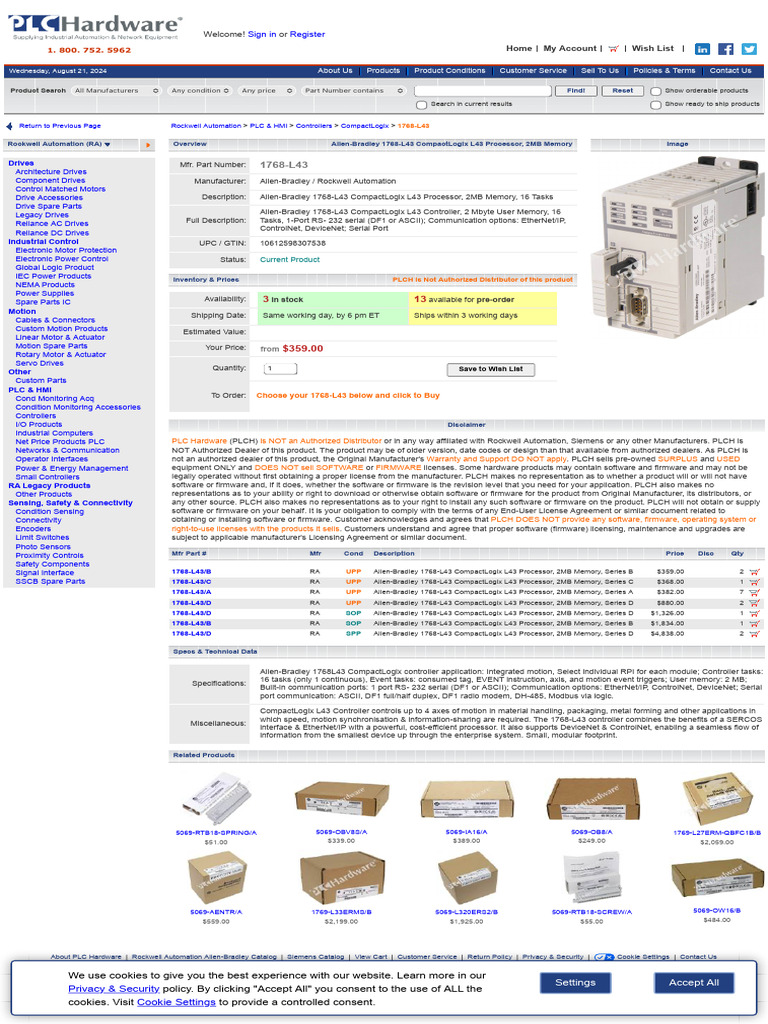 PLC Hardware Allen-Bradley 1768-L43 CompactLogix L43 Processor, 2MB Memory | PDF | Programmable ...