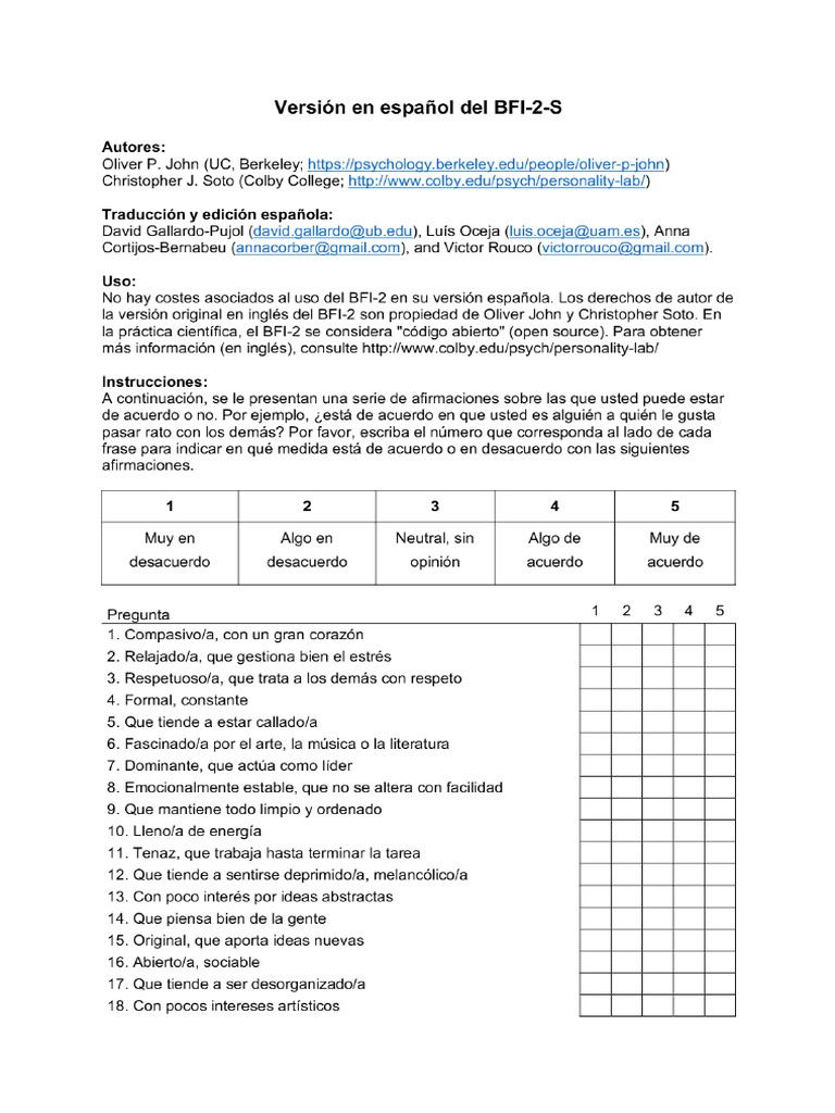 Spanish BFI-2 Short Form | PDF