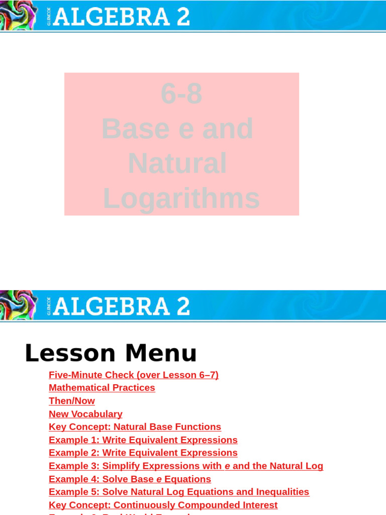 6-8 Lesson_Presentation_Base_e_and_Natural_Logarithms | PDF | Logarithm ...