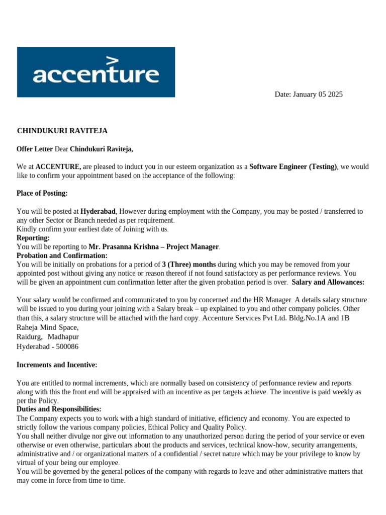 Accenture Software Engineer Offer Letter | PDF | Employment | Salary