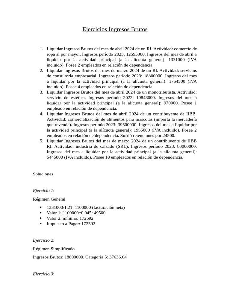 Ejercicios Ingresos Brutos | PDF | Impuesto al valor agregado | Impuestos