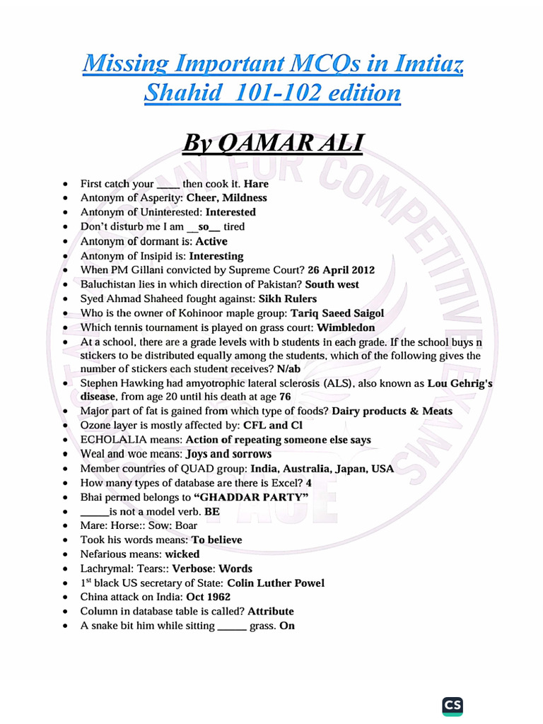 Missed Question of PPSC by Qamar Ali | PDF