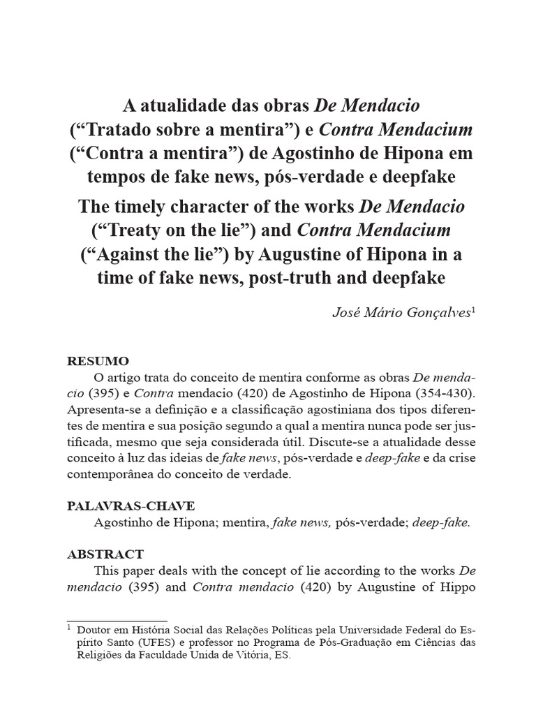 A Atualidade Das Obras de Mendacio | PDF | Agostinho de Hipona | Verdade