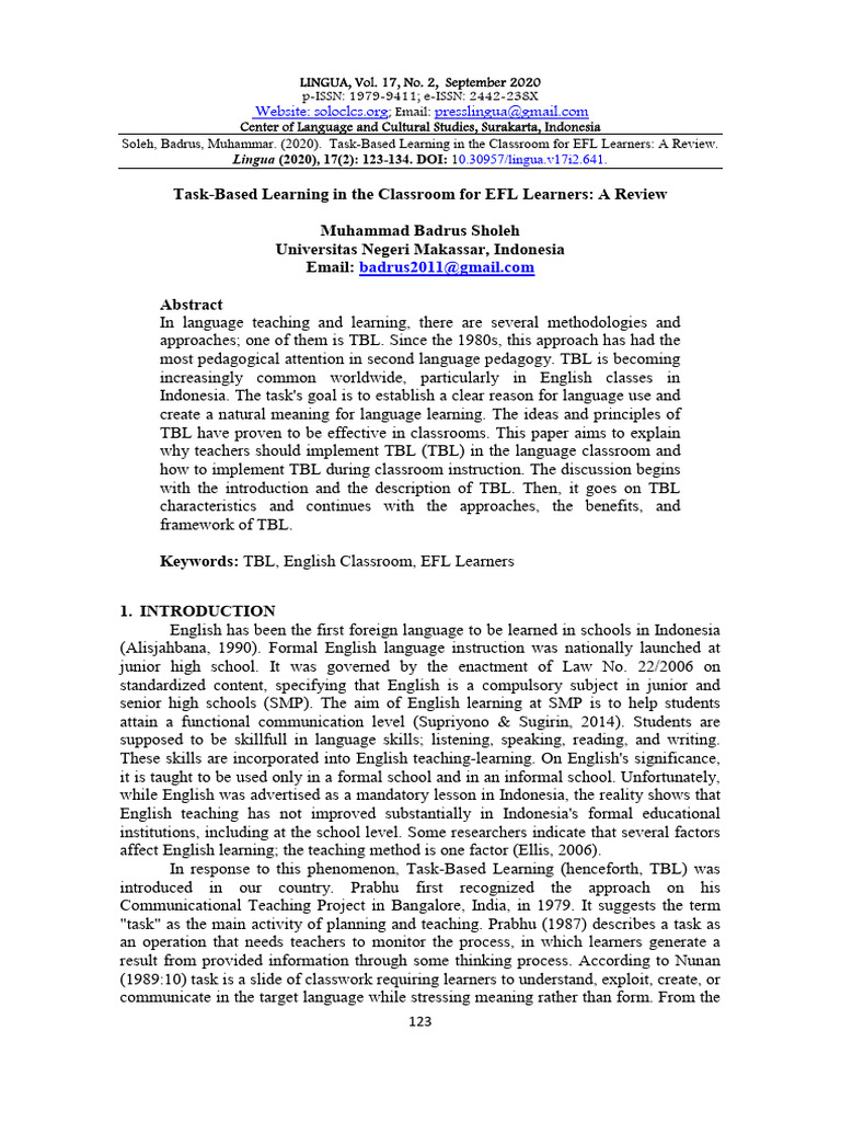Task-Based Learning for EFL Classrooms | PDF | Learning | English As A ...