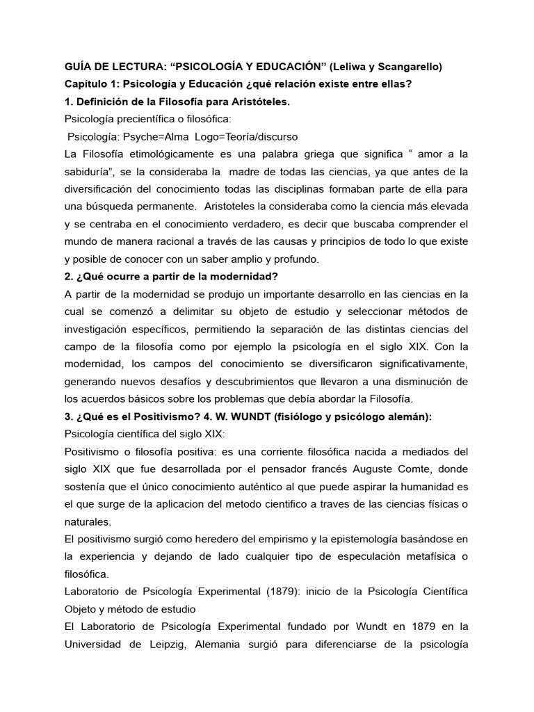 GUÍA DE LECTURA - "PSICOLOGÍA Y EDUCACIÓN" (Leliwa y Scangarello) Capítulo 1 - Psicología y ...