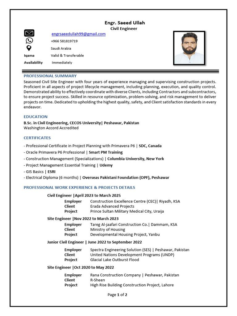 Saeed Ullah Jan's Civil Engineering CV | PDF | Business