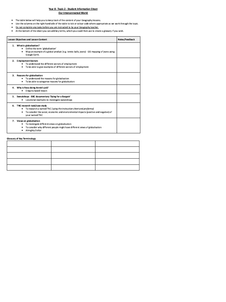 Year 8 - Topic 2 - Student Information Sheet - Our Interconnected World ...