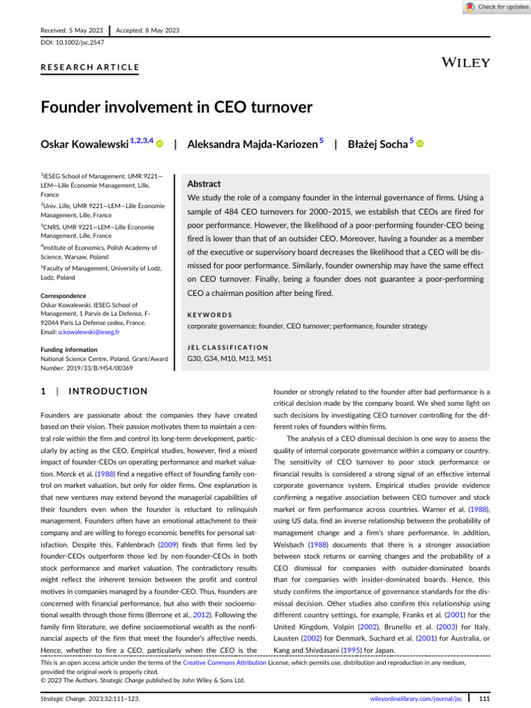 Strategic Change - 2023 - Kowalewski - Founder Involvement in CEO ...