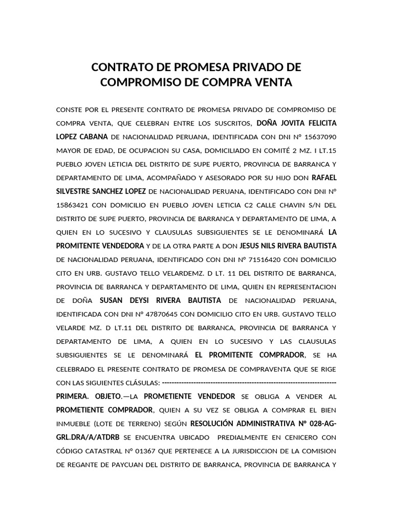Contrato de Promesa de Compra Venta de Bien Inmueble | PDF | Derecho civil (sistema legal) | Ley ...