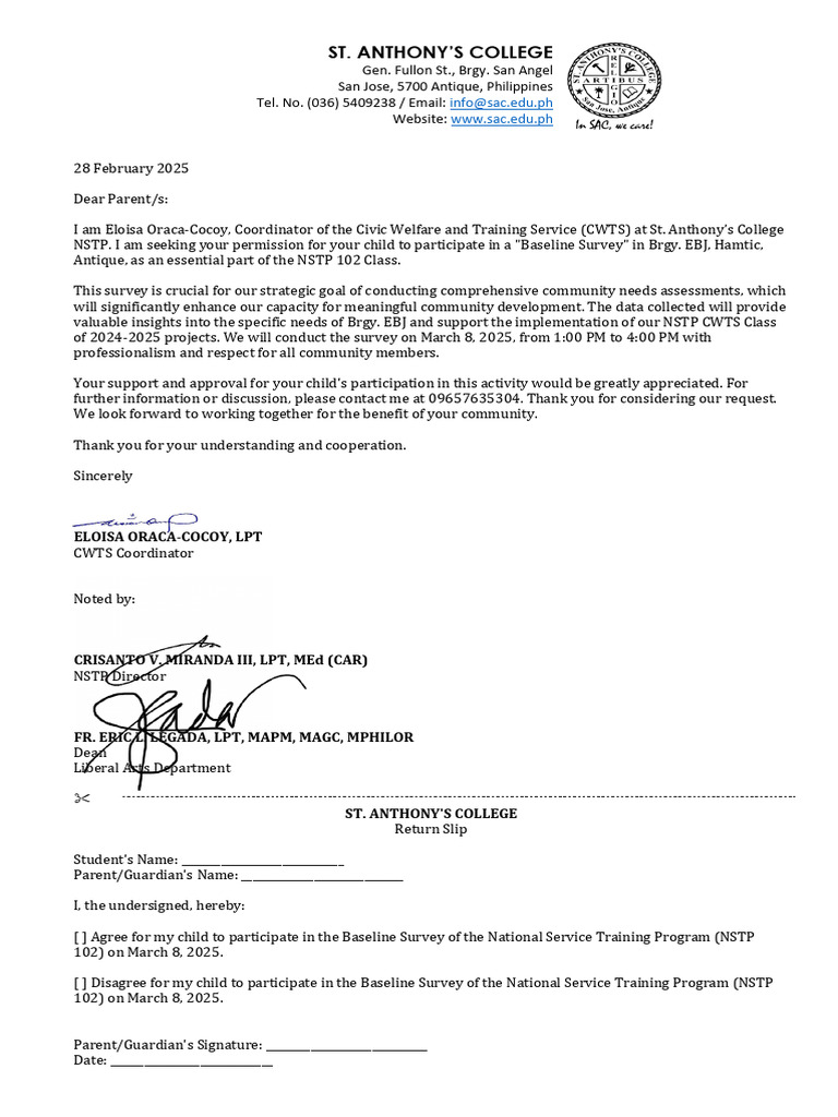 NSTP 102 Letter To Parents | PDF