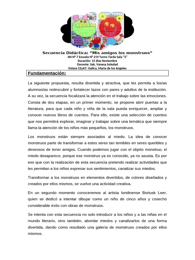 Secuencia Didáctica "Mis Amigos Los Monstruos" | PDF