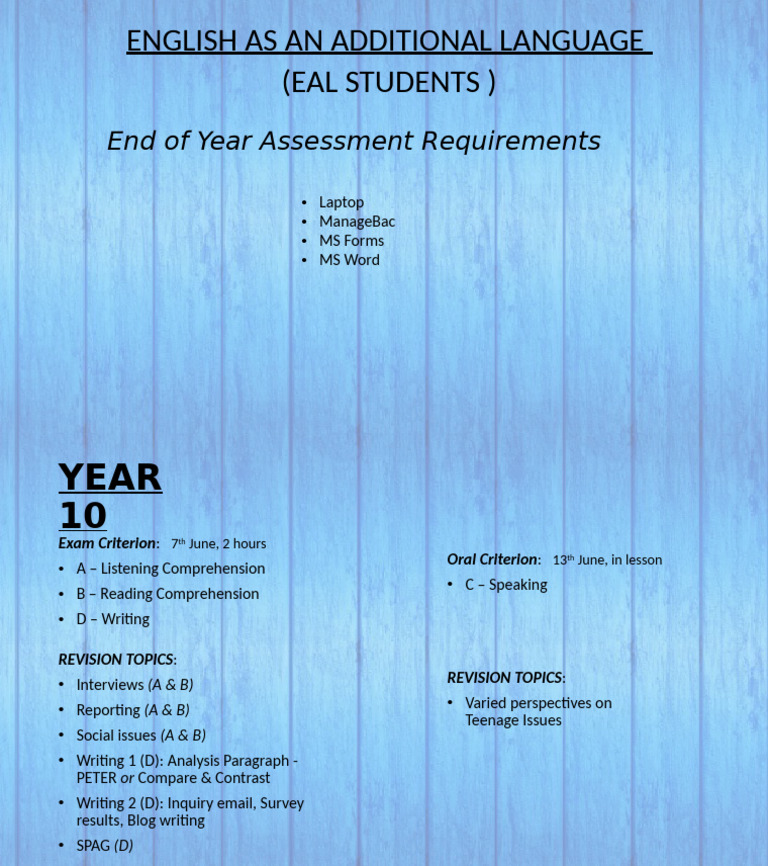 EAL Year 10 Exam Assessment Guide | PDF