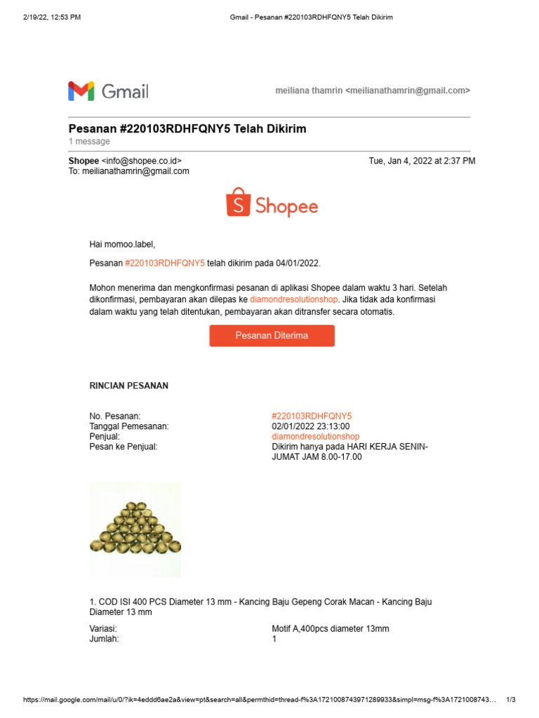 Gmail - Pesanan #220103RDHFQNY5 Telah Dikirim | PDF