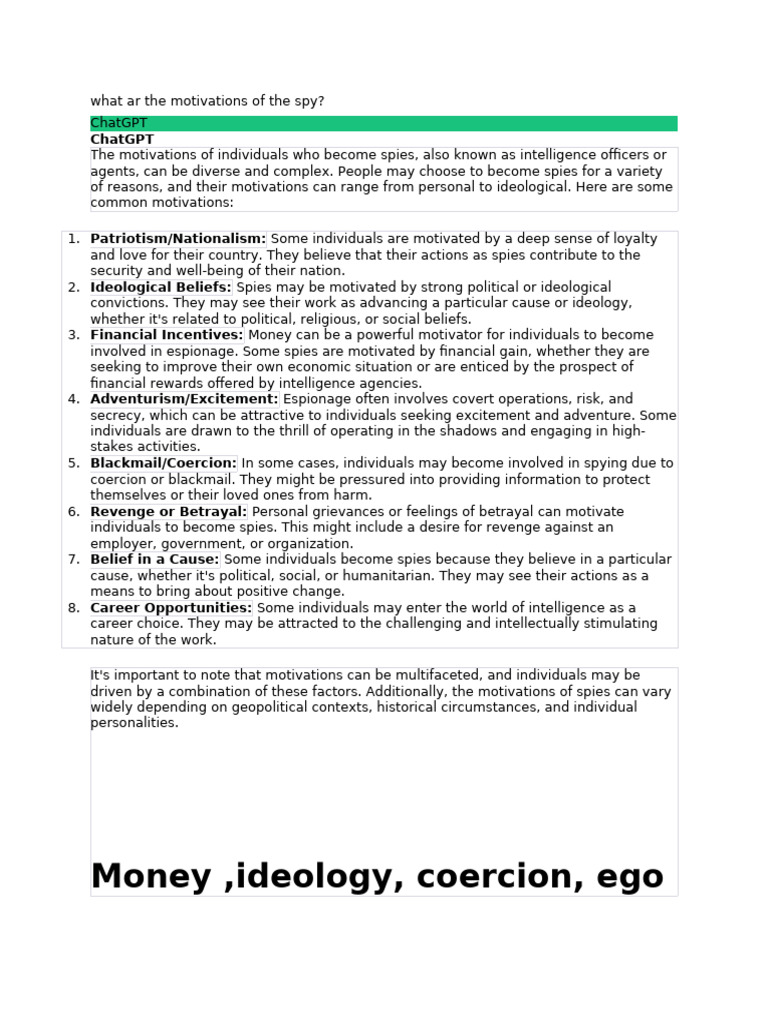 Motivations Behind Becoming a Spy | PDF | Espionage | Motivation