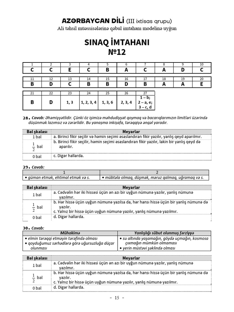 Azerbaycan Dili Qrup 3 AZ Sinaq 12 | PDF