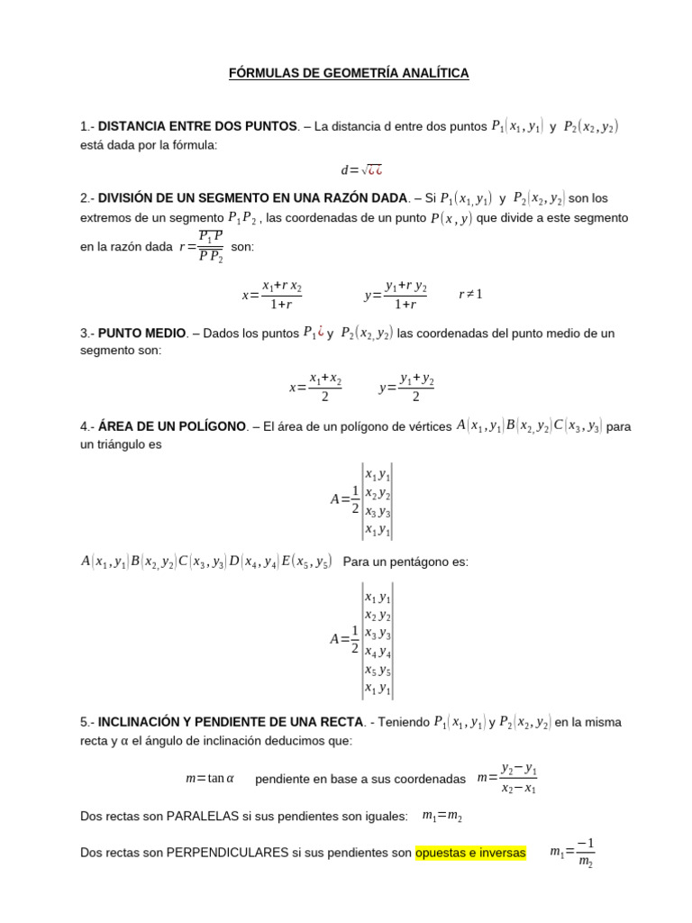 2025-Formulas de Geometria Analitica | PDF | Línea (geometría) | Pendiente