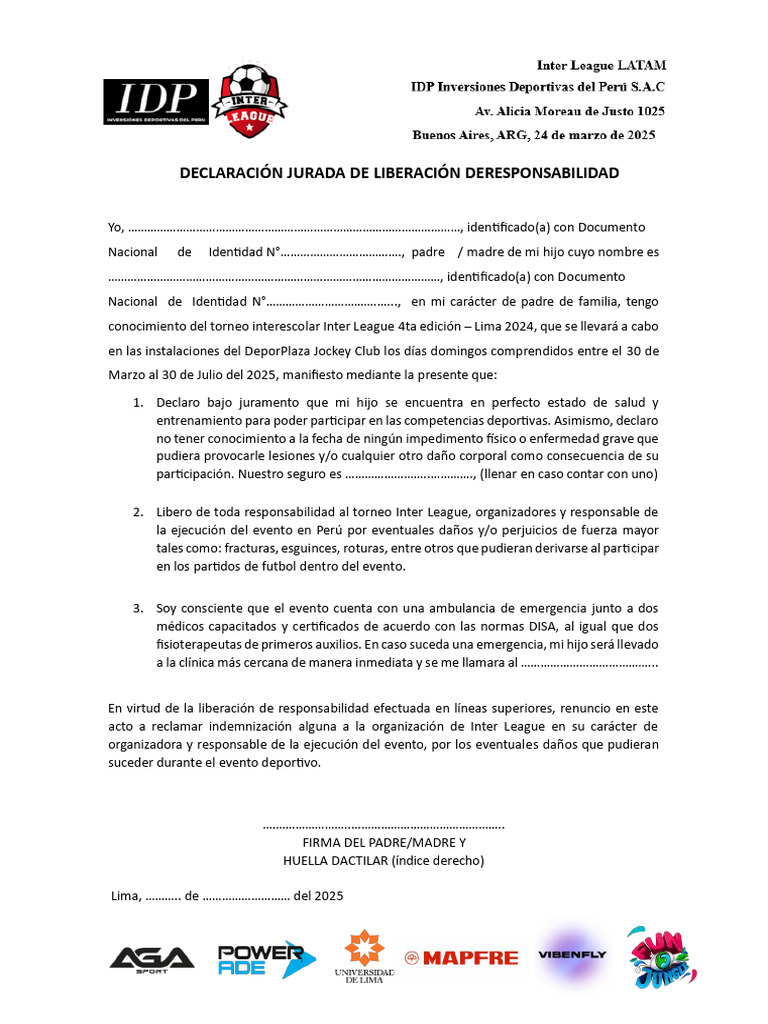 Declaración Jurada de Liberación de Responsabilidad - Inter League Peru ...