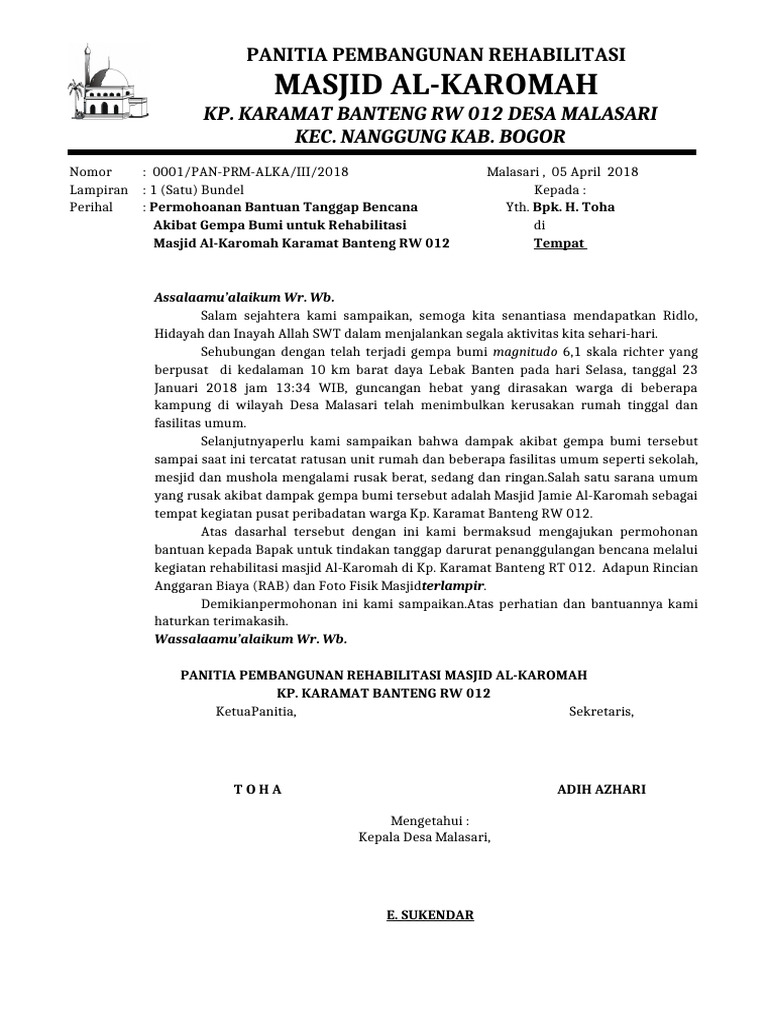 Proposal Tanggap Darurat Rehab Masjid Al-Karomah Karamat Banteng Ke H ...