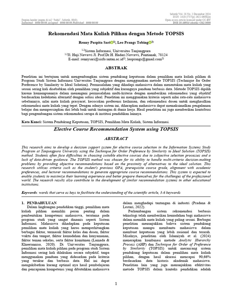 (Jurnal) SPK TOPSIS Mata Kuliah Pilihan SEBATIK - Template - 2024 | PDF