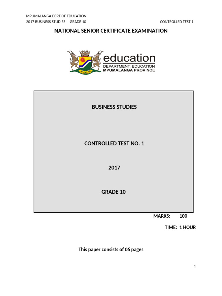 2017 Business Studies Grade 10 Controlled Test 1-1 | PDF | Business ...