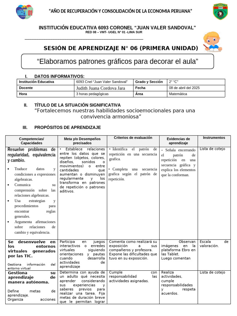 Sesion de Matemática Elaboramos Patrones Gráficos para Decorar El Aula | PDF | Aprendizaje ...