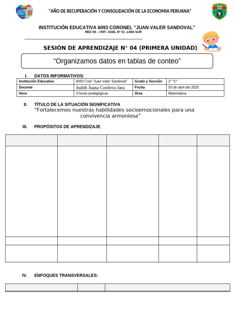 Sesion de Matemática Organizamos Datos en Tabla de Conteo | PDF ...