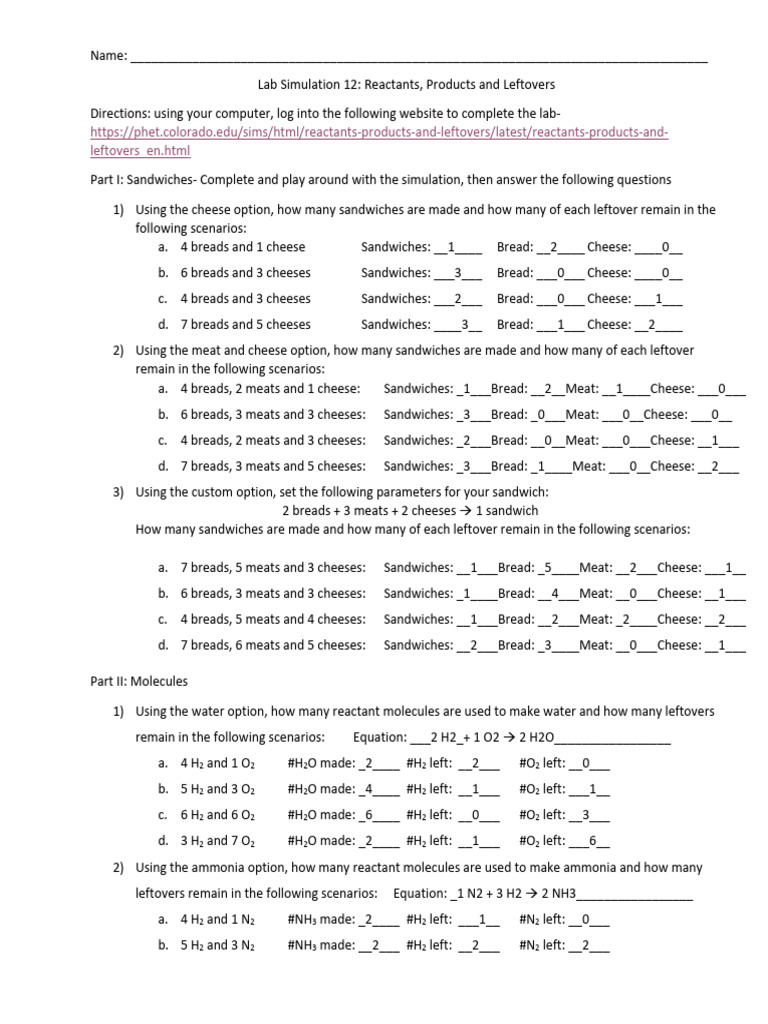 Limiting Reactants Lab Simulation Guide | PDF | Sandwich | Physical ...