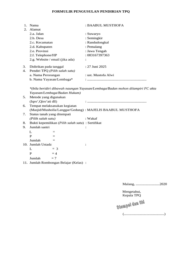 Formulir Pengusulan Pendirian TPQ | PDF