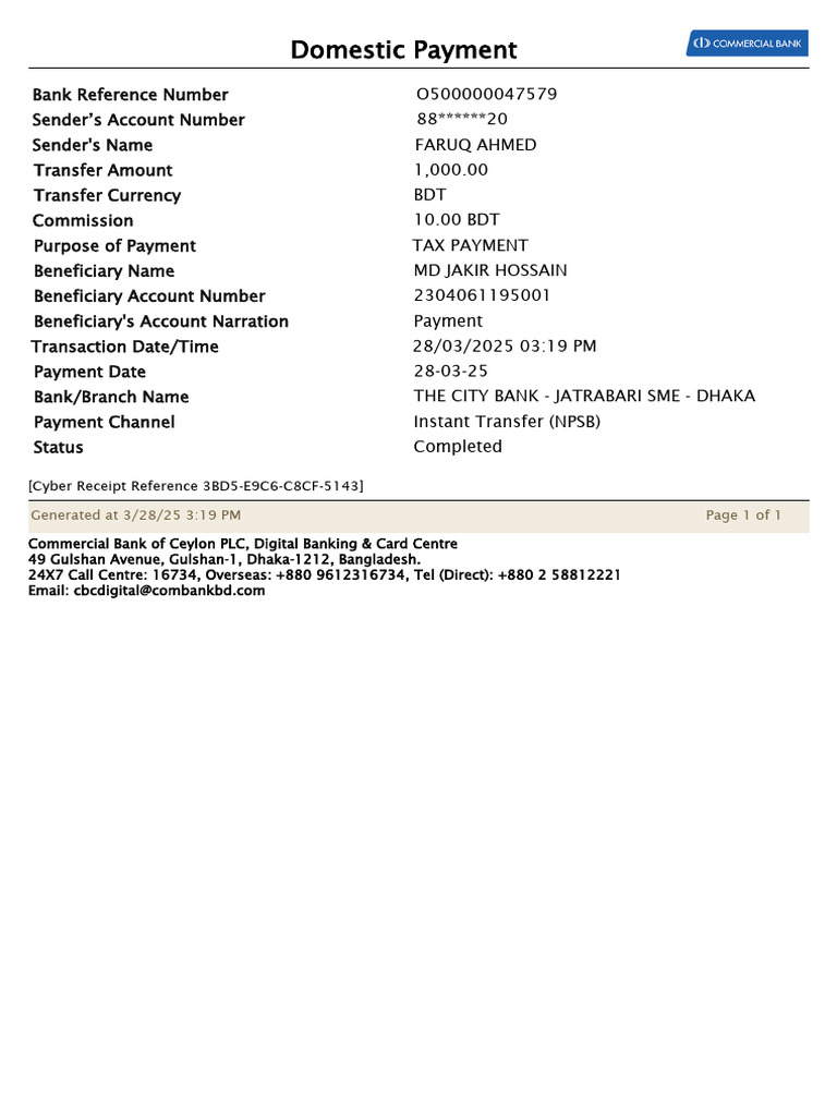 Cyber Receipt for Tax Payment BDT 1000 | PDF