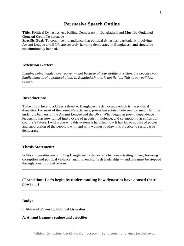 Persuasive Speech Outline | PDF | Democracy | Political Ideologies