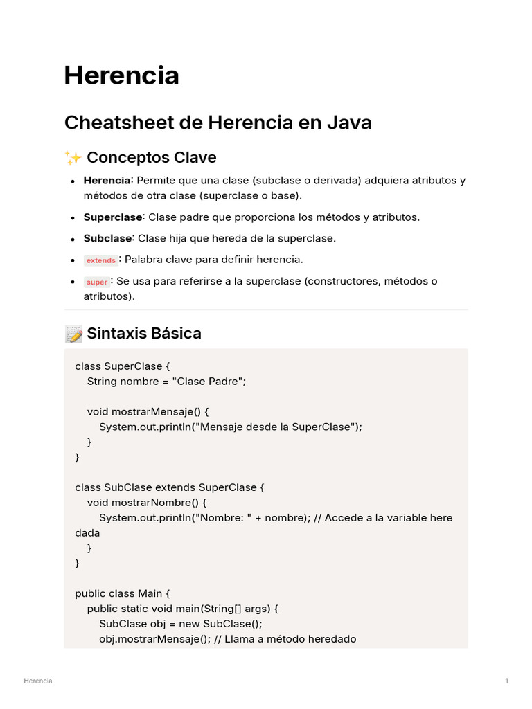 Cheatsheet de Herencia en Java | PDF | Herencia (Programación Orientada a Objetos) | Objeto ...