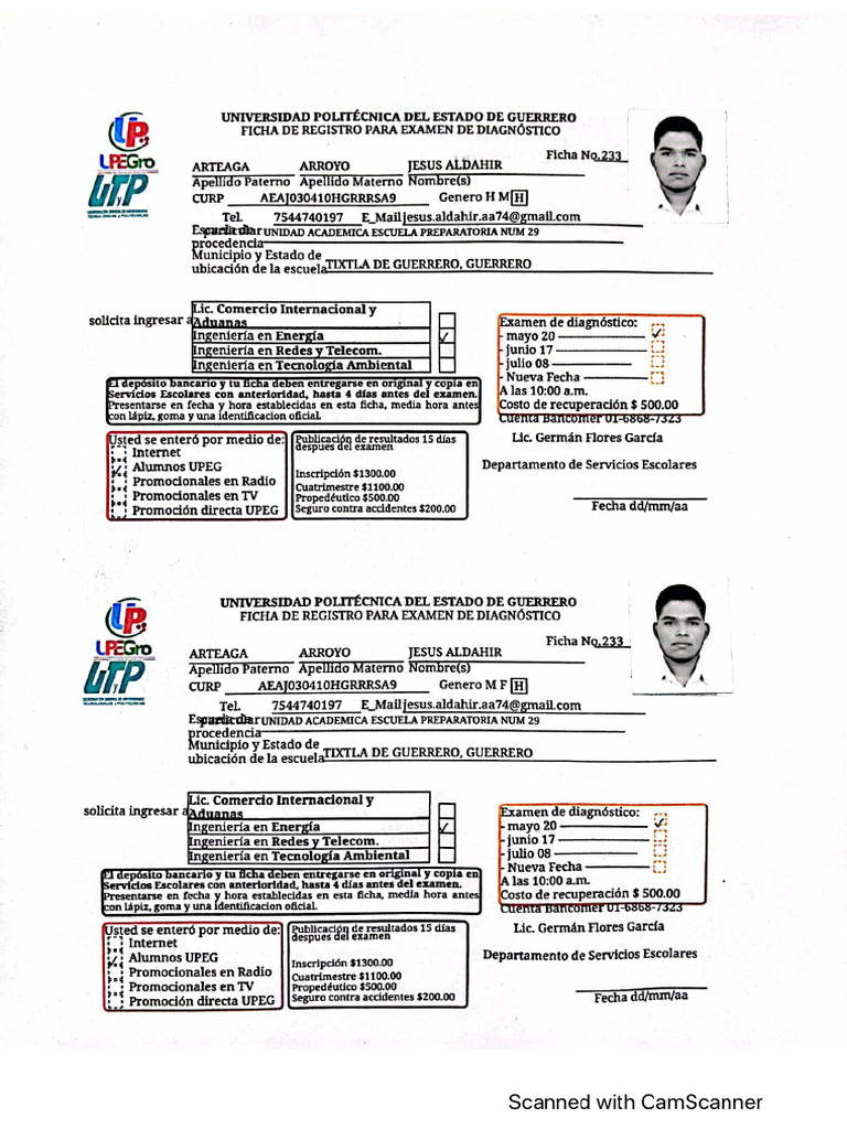 Ficha Examen UPEGRO | PDF