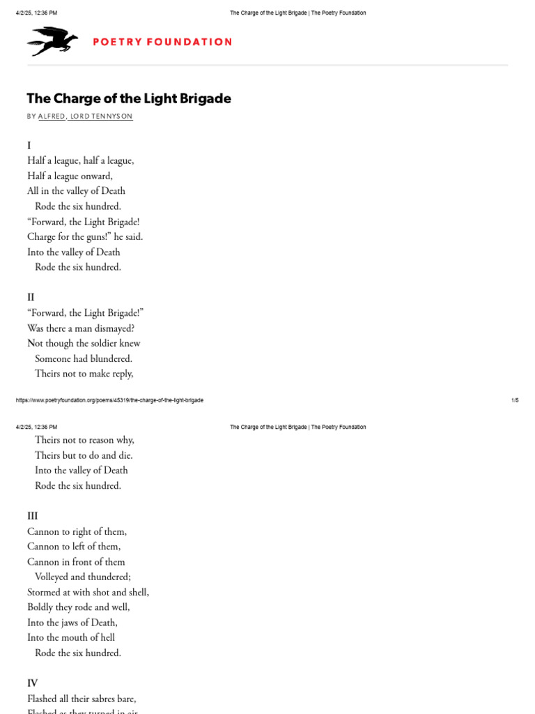 The Charge of The Light Brigade - The Poetry Foundation | PDF | 2nd ...