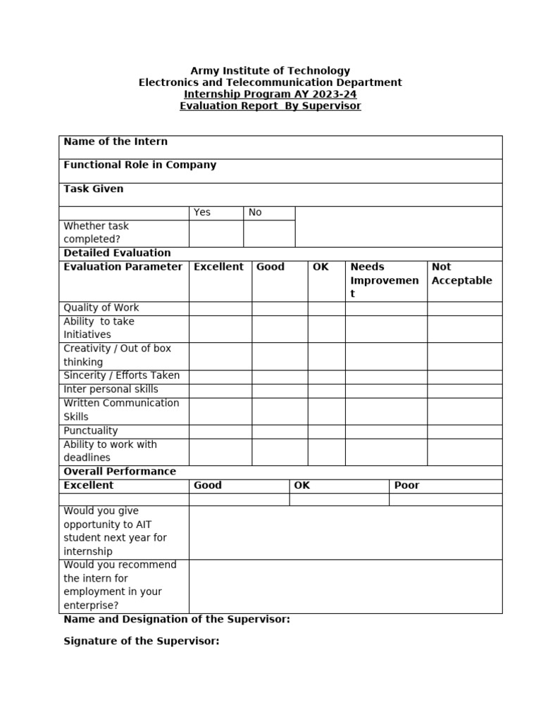 Internship Evaluation Report by Supervisor - 23-24 | PDF