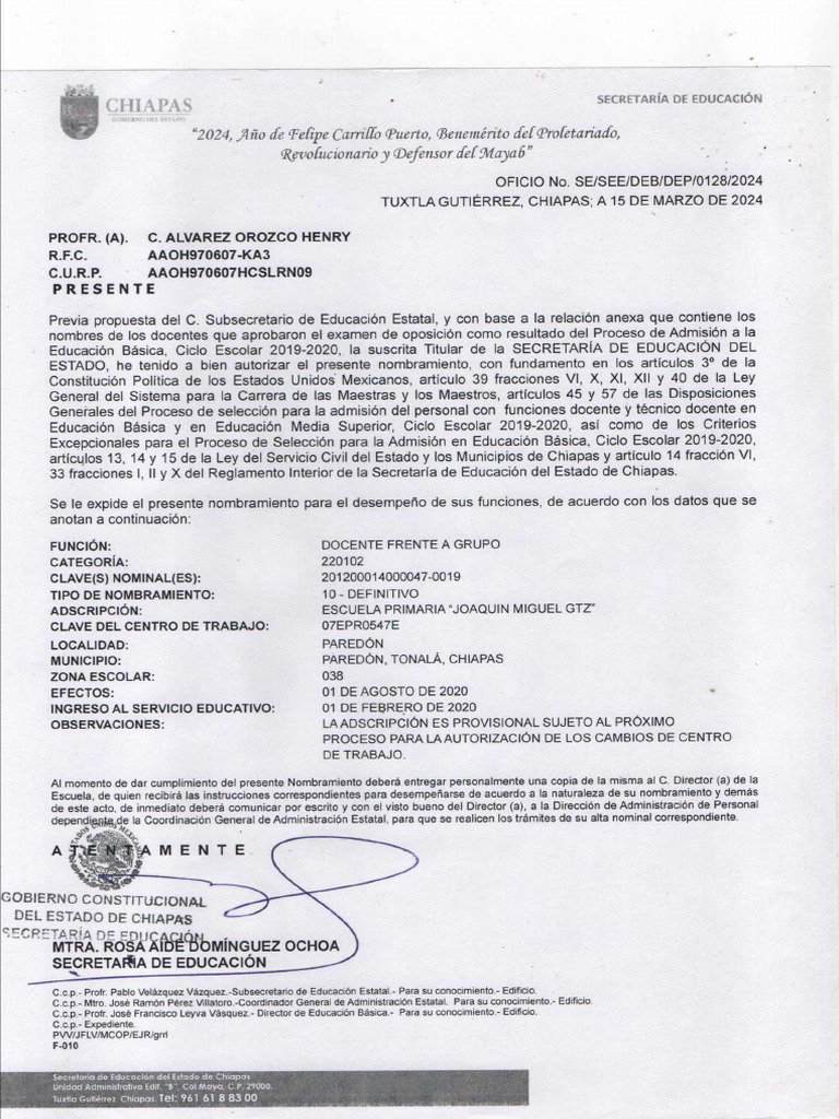 AAOH970607KA3 Nombramiento | PDF