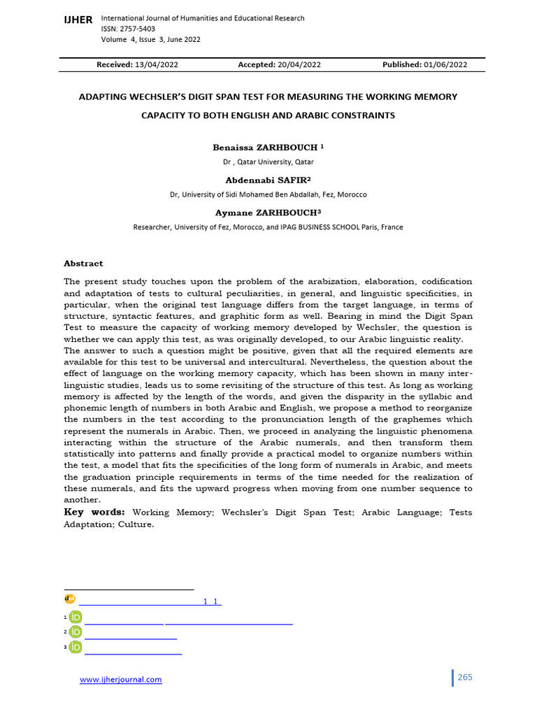 Adapting Wechslers Digit Span Test For Measuring The Working Memory ...