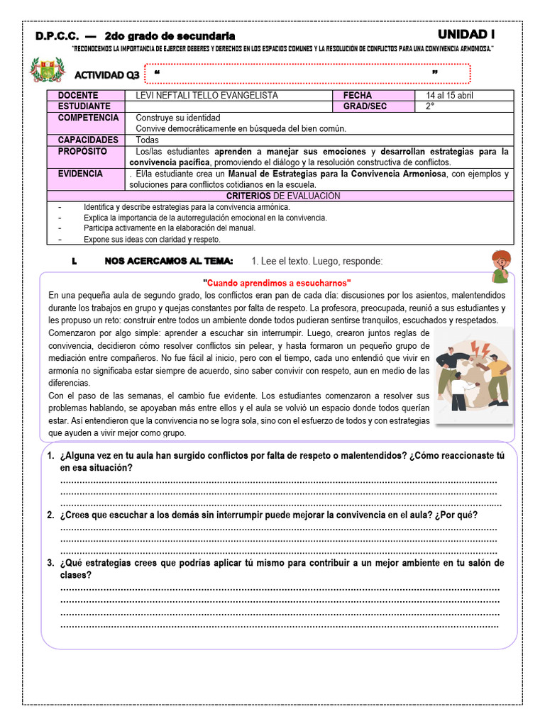 2° DPCC - Actv.03-Uni.1 2025 | PDF | Las emociones | Escuelas