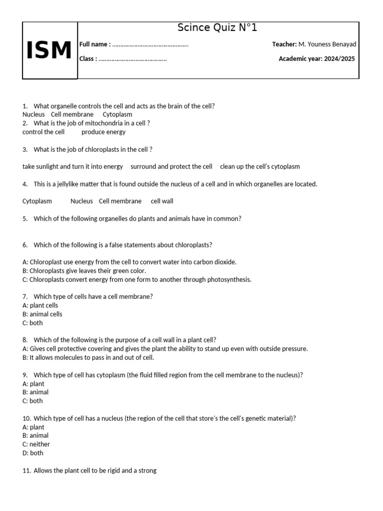 Scince Quiz N°1: Full Name: Teacher: Class: Academic Year: 2024/2025 | PDF