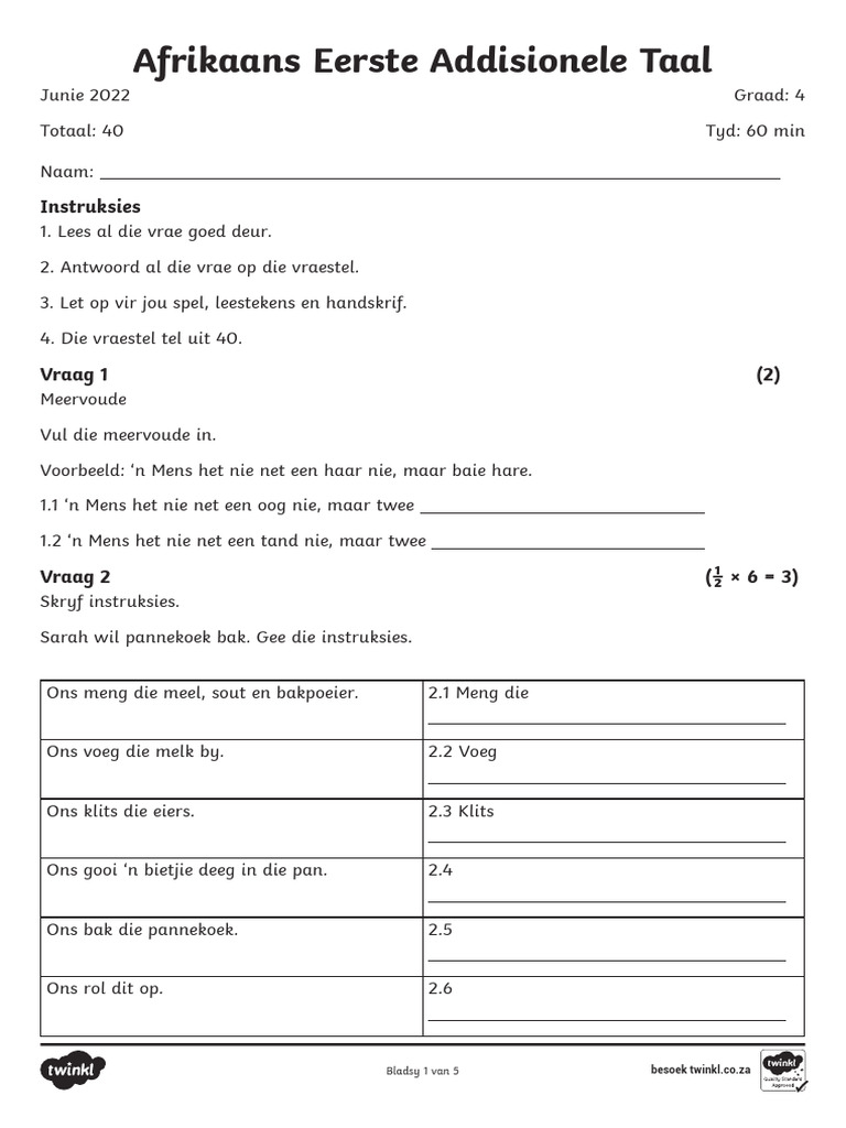 Grade 4 Afrikaans Fal Midyear Assessment | PDF