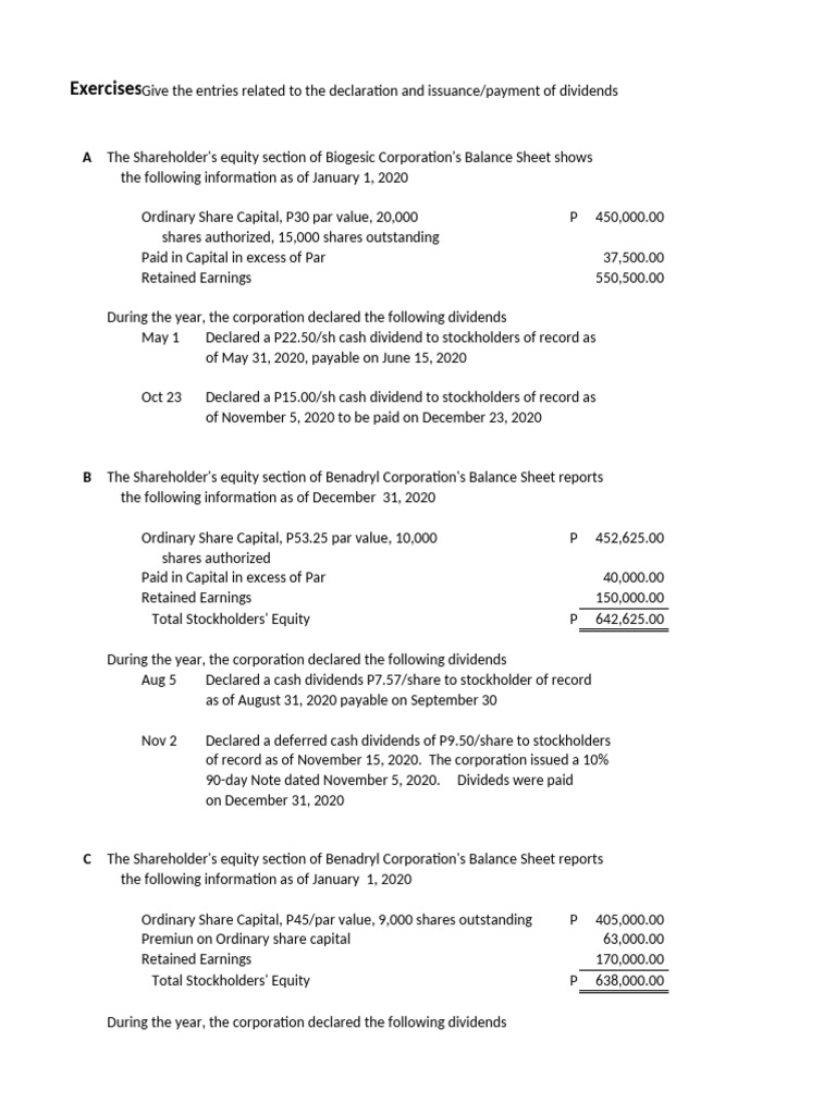 Exercises in Types of Dividends - Blank | PDF | Dividend | Retained ...