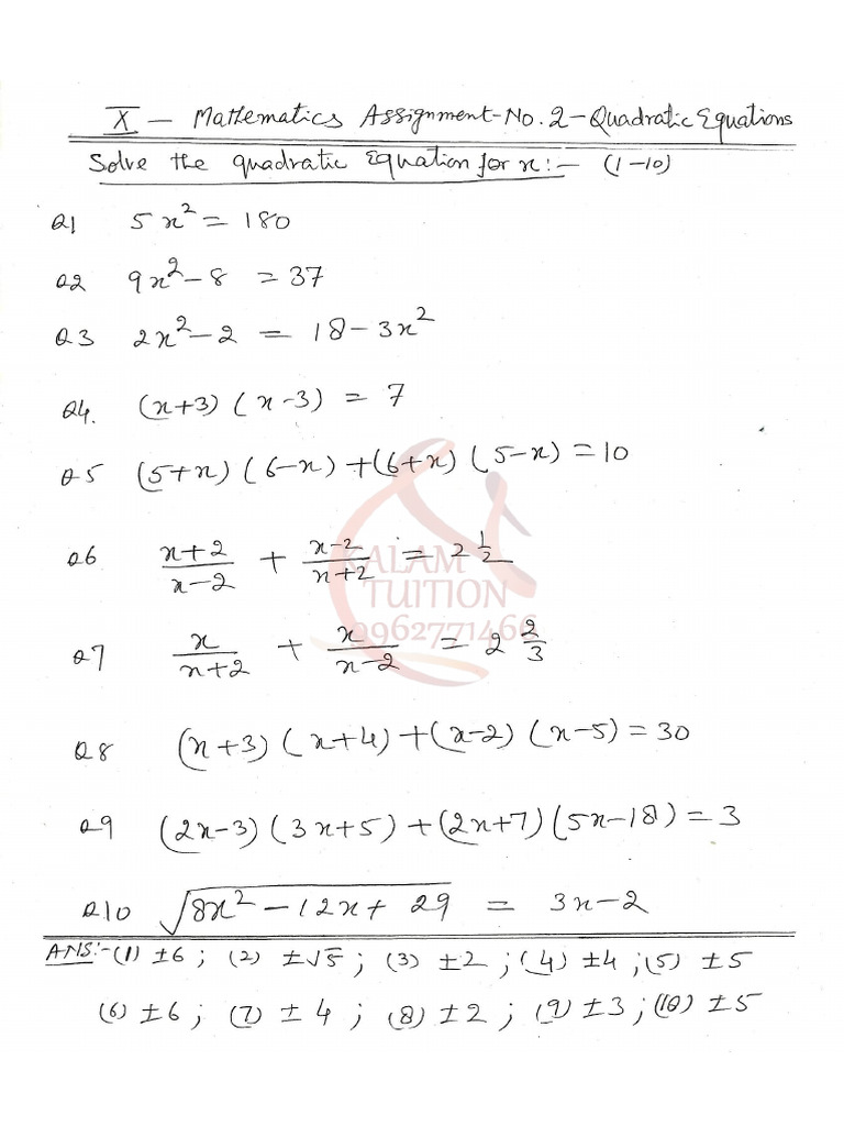 Quadratic Equations Assignment 2 | PDF